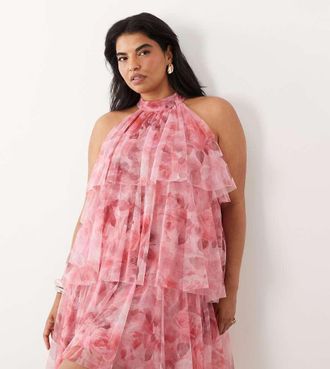 Lace & Beads Plus Robe courte superpos&eacute;e en tulle &agrave; col montant et imprim&eacute; roses - Rose fonc&eacute;-multicolore
