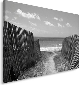 Feeby Frames Wandbild - 1 Teilig - 70x100 cm, Leinwand Bild Leinwandbilder Bilder Wandbilder Kunstdruck, DÜNEN, ZAUN, STRAND, KÜSTE, MEER, WASSER, SCHWARZ-WEIß