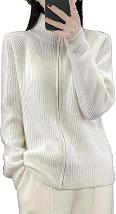 Generic Pull en laine pour femme &agrave; col roul&eacute; avec fermeture &eacute;clair sur toute la longueur, col montant, pull en laine &eacute;paisse et chaude pour femme, blanc, L
