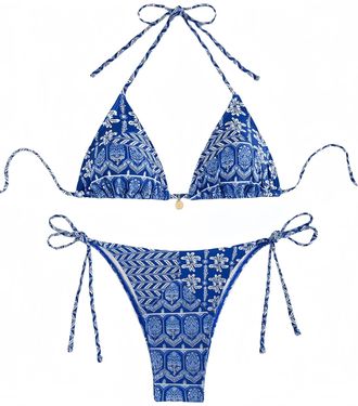 Ocean Plus Damen V-Ausschnitt Gebl&uuml;mt Triangel Bikini-Set mit B&uuml;gel Spaghetti Bademode Bandeau Slips mit Tunnelzug (XS (EU 30-32), K&ouml;nigsblaues Muster)