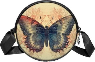 Generic Sac &agrave; bandouli&egrave;re rond pour femme, motif papillon vintage, petit sac &agrave; bandouli&egrave;re avec fermeture &eacute;clair, bretelles r&eacute;glables, sac &agrave; main rond d&eacute;contr