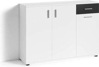 Byliving Kommode Jakob / 3-TRG. mit 1 Schubkasten/Schubkasten schwarz/Sideboard matt weiß/B 110, H 83,5, T35,5 cm
