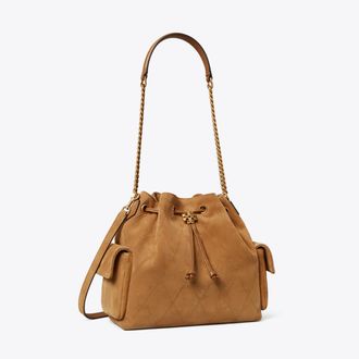 Tory Burch Damen Gesteppte Charlie Schultertasche aus Wildleder mit Tunnelzug