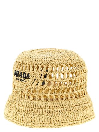 Prada Crochet Raffia Logo Bucket Hat - Beige