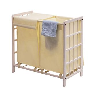 Mendler W&auml;schesammler HWC-B60, Laundry W&auml;schebox W&auml;schekorb, Massiv-Holz 2 F&auml;cher 60x60x33cm 68l - shabby wei&szlig;, Bezug creme