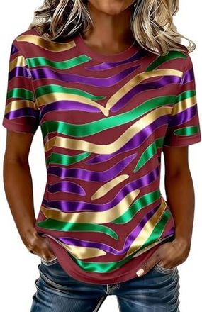Generic T-shirt d&eacute;contract&eacute; &agrave; manches courtes et col rond pour femme - Imprim&eacute; abstrait &agrave; rayures color&eacute;es - T-shirt d&eacute;t&eacute; doux et extensible pour le travail, 