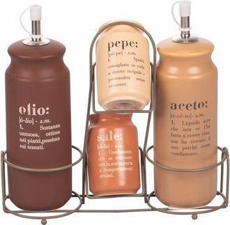 Villa D'Este Home Tivoli Victionary Öl-, Essig-, Salz- und Pfefferstreuer aus Steinzeug, Ständer, Edelstahl, Chocolate, Victionary