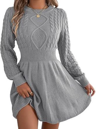 Generic Robe Pull Femme Col Rond Taille Cintrée A-Line Mini Tricotée Manches Longues Mode Décontractée