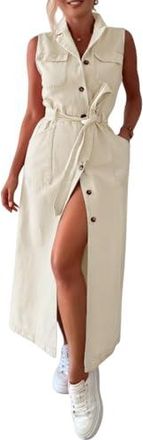 Generic Robe en jean boutonn&eacute;e sans manches pour femme, robe longue sans manches avec ceinture en jean pour femme, robe midi &agrave; col, beige, XL