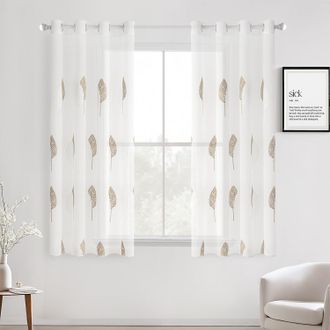 Miulee Wohnzimmer Vorh&auml;nge Transparent mit Bl&auml;tter Muster, Modern Stickerei Gardinen &Ouml;sen f&uuml;r Schlafzimmer Deko, 2er Set Sch&ouml;ne Bl&auml;tter Muster Durchsichtig V