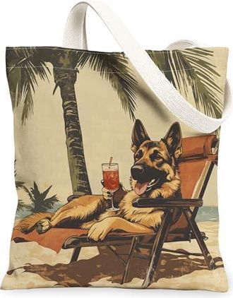 Generic Sac fourre-tout amusant en toile avec chien de berger allemand pour le shopping, 33 x 38,1 cm, sac &agrave; bandouli&egrave;re r&eacute;utilisable pour femme, peinture dan