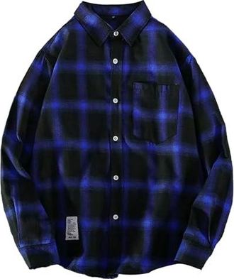 Generic Chemise &agrave; carreaux &agrave; manches longues pour homme, coupe r&eacute;guli&egrave;re, chemise &agrave; carreaux en coton, grande taille, beau chemisier d&eacute;contract&eacute;, chemise d&eacute;co