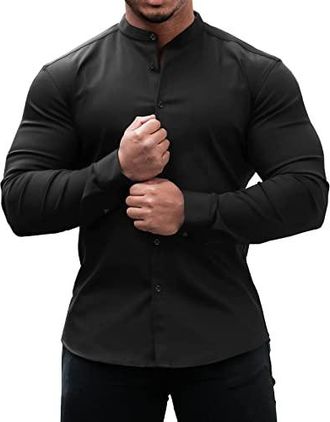 Generic Chemise &agrave; manches longues pour homme, col rond boutonn&eacute;, manches longues, tendance, chemise classique, d&eacute;contract&eacute;e, couleur unie, chemise douce et co