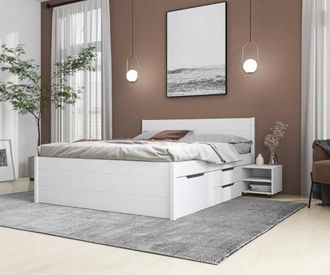 Inter Link SAS Lit Double 160 x 200 cm - Lit gigogne avec Espace de Rangement - Pin Massif - 4 Grands tiroirs et 2 tiroirs - Sommier à Lattes Inclus - Laqué Blanc - 