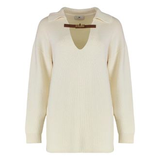 Elisabetta Franchi Femme, Pulls, Beige, Taille: 38 FR Pull en laine mélangée avec bride bijou