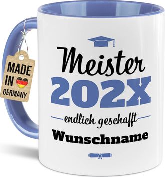 Tassendruck Tasse mit Spruch - Meister - Endlich geschafft - mit Name & Abschlussjahr selbst gestalten - Geschenk zur bestandenen Meisterpr&uuml;fung, Innen & Henkel C