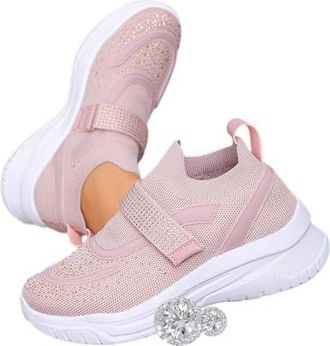 Generic Baskets orthopédiques en tricot avec strass pour femme, baskets à plateforme orthopédique, en maille respirante à enfiler, chaussures de tennis de mar