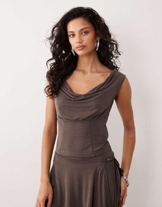 Motel Wiyana - Cupro-Oberteil in Dunkelbraun mit Wasserfallausschnitt, Kombiteil-Brown