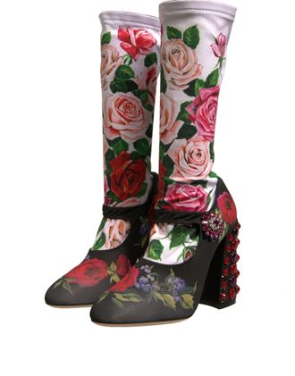 Dolce & Gabbana Womens Black Floral Socks Crystal Boots Jersey Shoes