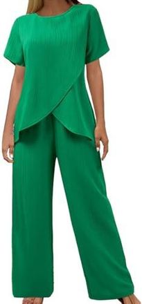 Generic Ensemble deux pi&egrave;ces pour femme - Col rond - Chemise crois&eacute;e - Pantalon large - Tenue d&eacute;t&eacute; - Vacances essentielles, Vert, XL