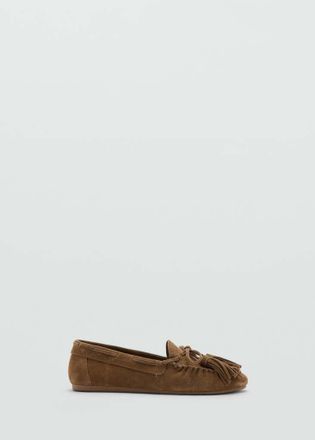 Mango Mocassin en daim &agrave; franges sable - Femme - 35 - MANGO