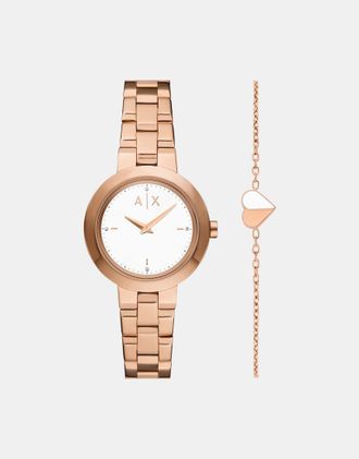 A|X Armani Exchange Coffret cadeau montre femme en acier inoxydable &agrave; deux aiguilles - Or rose-Dor&eacute;