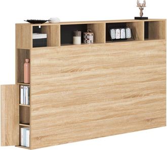 IDMarket Kopfteil auf Fu&szlig; cleo 165 cm mit geschlossenem Stauraum und Nischen in Buchenholzoptik und Schwarz