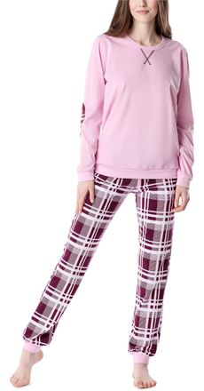 Merry Style Damen Lang Zweiteiliger Schlafanzug aus Baumwolle Pyjama Set Winter MS10-168 (Rosa-Kariert, XXL)