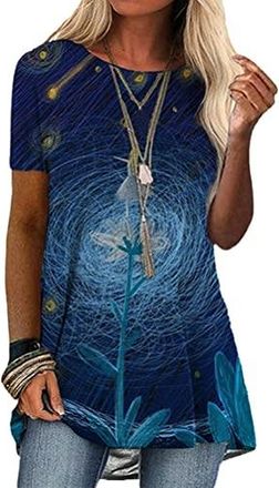 ORANDESIGNE T-Shirt Long Femme &agrave; Manche Courte T-Shirt Col Rond Blouse Et&eacute; Ample Casual Tops Imprim&eacute; Ethnique Color&eacute;es Tee Shirt Mode Tops T-Shirt L&acirc;che Haut Long