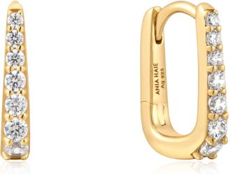 Ania Haie Damen Creolen Sunshine Chaser Oval Pavé Huggies 925 Sterling Silber 14k Gold vergoldet, besetzt mit 14 Zirkonia, Größe: 14 x 1,3-2,4mm, inkl. Geschenk