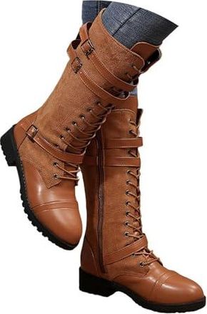 Generic Bottes montantes &agrave; lacets pour femme - Bout rond - Talons &eacute;pais - Boucle tendance - Bottes de combat pour femme - Bottes d&eacute;quitation &agrave; lacets et ferme