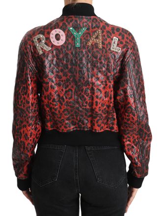 Dolce & Gabbana Womens Red Leopard Button Crystal Leather Jacket Lamb Wool Elastane Clothing