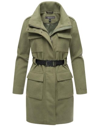 Marikoo Damen lange &Uuml;bergangsjacke Kurzmantel in Woll-Optik mit Tailleng&uuml;rtel Tanokoo 16 Olive Leaf Gr. XL