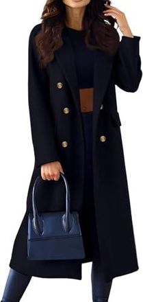 Generic Manteau long en laine pour femme, manteau mi-long, veste crant&eacute;e &agrave; revers &agrave; double boutonnage, v&ecirc;tements dext&eacute;rieur pour lautomne et lhiver 2026, Noir