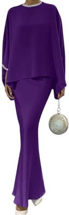 ORANDESIGNE Robe Femme Elegante De Soiree Cocktail Mariage Ensemble 2 Pieces Chic et Elegant Manche Longue Chemise Fluide + Jupe Crayon Longue Rétro Maxi Robe Vin