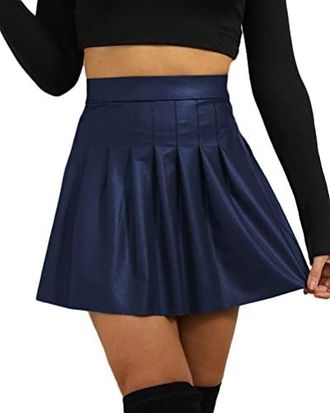 Minetom Femme Mini Jupe Moulante Simili Cuir Mouillé Courte Taille Haute Wetlook Ourlet Fendu PU Jupe De Fête Costume De Club D Bleu L