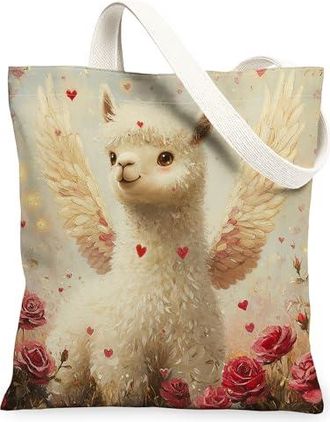 Generic Sac fourre-tout en toile dalpagas lama pour le shopping 33 x 38 cm, sac d&eacute;picerie r&eacute;utilisable pour la Saint-Valentin, motif animal de voyage, d&eacute;corat
