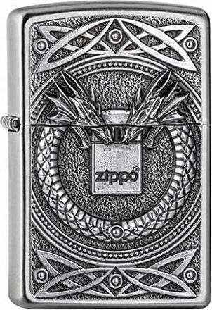 Zippo Sturmfeuerzeug - Dragons with Zippo, Satin Chrome, Emblem - Nachfüllbar - Wiederverwendbar - Windfestes Design - Geschenkbox - Made in USA