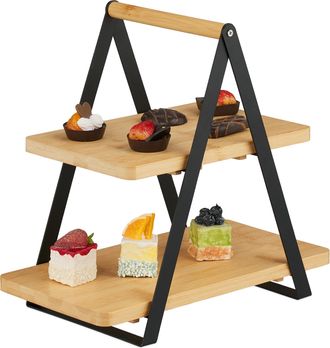 Relaxdays Etagere, 2 Etagen, Bambus, Metall, l&auml;nglich, Griff, Kuchen, HBT 33 x 34 x 19 cm, Servierst&auml;nder, natur/schwarz