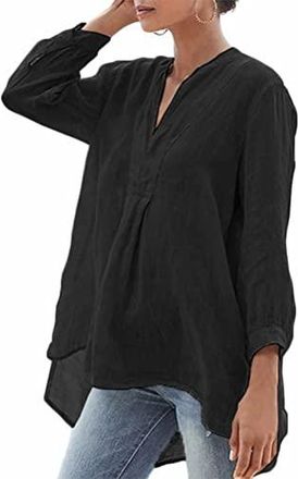 Onsoyours Chemisier Femme Chic Sexy Chemise en Coton Lin à Manche Longue Décontracté Blouse Ample à Col Rond Tunique Printemps Eté Top Hauts B Noir XXL