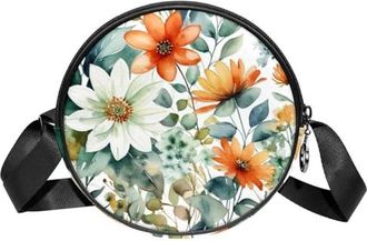 Generic Petit sac &agrave; bandouli&egrave;re circulaire pour femme, motif feuilles florales, sac &agrave; dos avec fermeture &eacute;clair, bretelles r&eacute;glables, sac &agrave; main rond d&eacute;contra