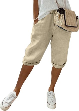 Generic Damen Leinenhose Sommer Knielang Kurze Hosen Leicht und Luftig Locker Hohe Taille Caprihose Elastisch Einfarbig Strandhose Stoffhose Casual Pants mit 