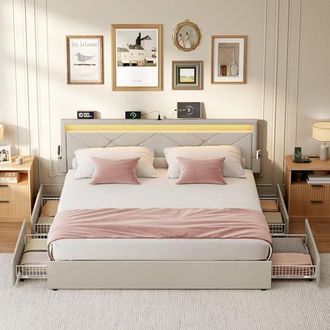 Vasagle Lit Double, 160 x 200 cm, avec LED, en M&eacute;tal, 4 Tiroirs, Multiprise, T&ecirc;te de Lit Rembourr&eacute;e Ajustable, Pas Besoin de Sommier, Beige Cappuccino RMB828L