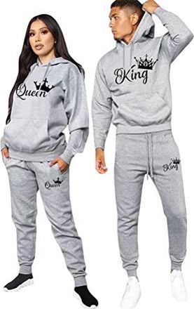 Minetom King Queen Imprimé Survêtement Couple Ensemble de Sport Jogging Femme Homme Manches Longues Hoodie Sweat à Capuche et Pantalon 2 Pièces Set Z Gris Que