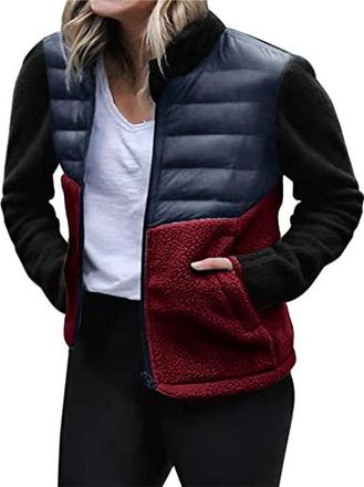 Generic Vestes pour femmes 2026 pour femmes, veste en duvet contrast&eacute;e, tendance, l&eacute;g&egrave;re, coupe ajust&eacute;e, avec poches &agrave; fermeture &eacute;clair, Rouge, L