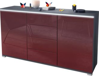 Vladon Sideboard Faro V1 - Kommode mit 2 T&uuml;ren & 4 Schubladen, Schrank mit LED Lichtleiste, Anthrazit matt/Bordeaux Hochglanz (138,5 x 75,5 x 35)