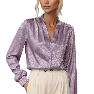 Generic Chemise en satin pour femme avec col en V et col en V - Chemise soyeuse &agrave; imprim&eacute; l&eacute;opard - Haut daffaires d&eacute;contract&eacute; - Tenue de bureau &eacute;l&eacute;gante - Ha