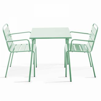 Oviala Ensemble table de jardin carr&eacute;e et 2 fauteuils acier vert sauge - Palavas