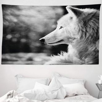 Abakuhaus Schwarz und wei&szlig; Wandteppich und Tagesdecke, Wolf-Portr&auml;t aus Weiches Mikrofaser Stoff Waschbar ohne Verblassen Digitaldruck, 230 x 140 cm,Blassgrau