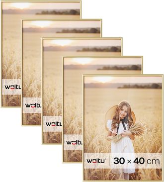 Woltu Bilderrahmen 30x40 cm, 5 Set, Fotorahmen Gold, Aluminium, mit Passepartout, zum vertikalen oder horizontalen Aufh&auml;ngen/Aufstellen, f&uuml;r Fotos, Bilder